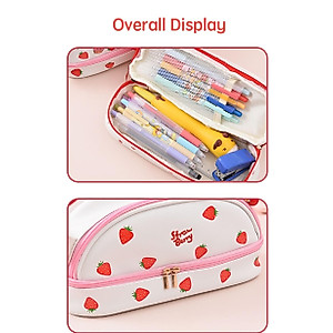 JHTPSLR Large Kawaii Pencil Pouch Cute Preppy Pencil Pouch Bowknot Strawberry Bear Love Hearts Aesthetic Pencil Case PU Waterproof Pen Bags Stationery Storage Organizer Supplies (White Strawberry)