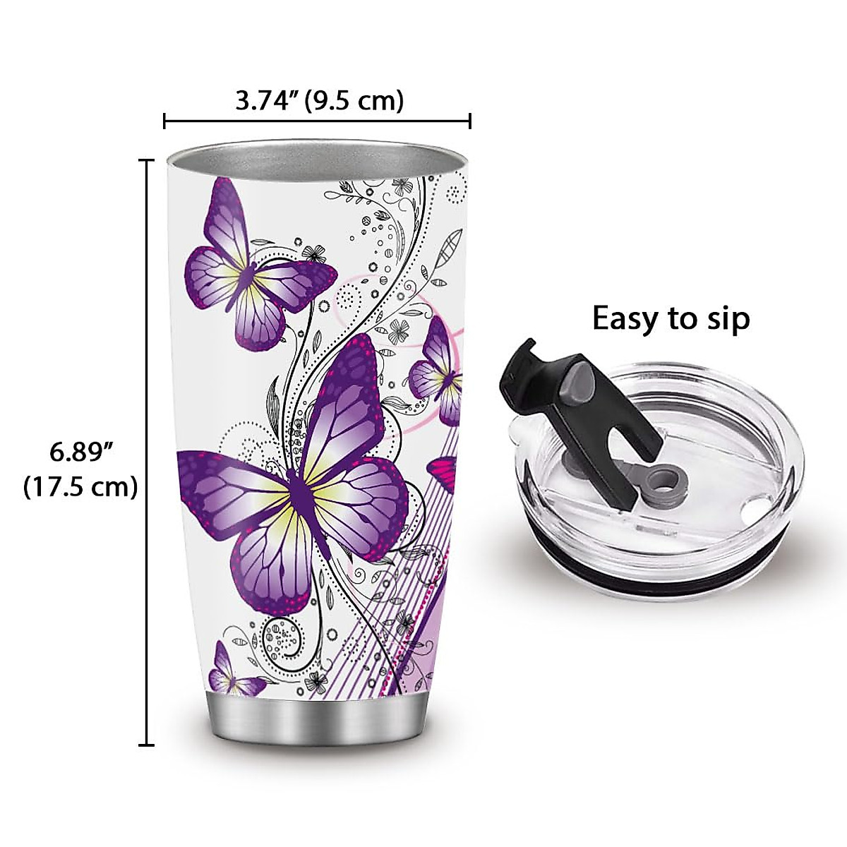 WIRESTER 20 OZ Stainless Steel Tumbler With Lid, Double Wall Vacuum Insulated Tumbler, Coffee Travel Mug Cup for Hot Cold Drinks - 2 Tone Purple Butterfly