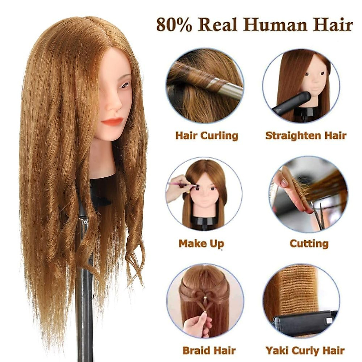 Opini Mannequin Head with Hair 80% Human Hair Straight 26"-28" Doll Head with Hair Cosmetology Mannequin Head Human Hair for Hairdresser (#27 Light brown)