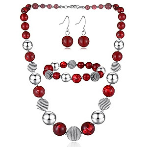 PEARL&CLUB Beaded Chunky Statement Necklace Earring and Bracelet Set Silver Metal Bead Fashion Jewelry Set Mothers’ Day Gifts for Women (Red)