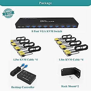 MT-VIKI KVM Switch 8 Port, 8X1 Rackmount KVM Switch VGA, Included 8 2-in-1 KVM Cables & Wire-Desktop Selector, Fit 1U 19'' Rack