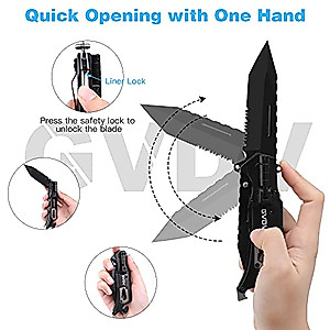 GVDV Pocket Knife with LED Light - Multitool Folding Tactical Knife with 440C Sharp Blade, 9 in 1 Survival Knife with Seatbelt Cutter, Glass Breaker, Fire Starter, Emergency Tool