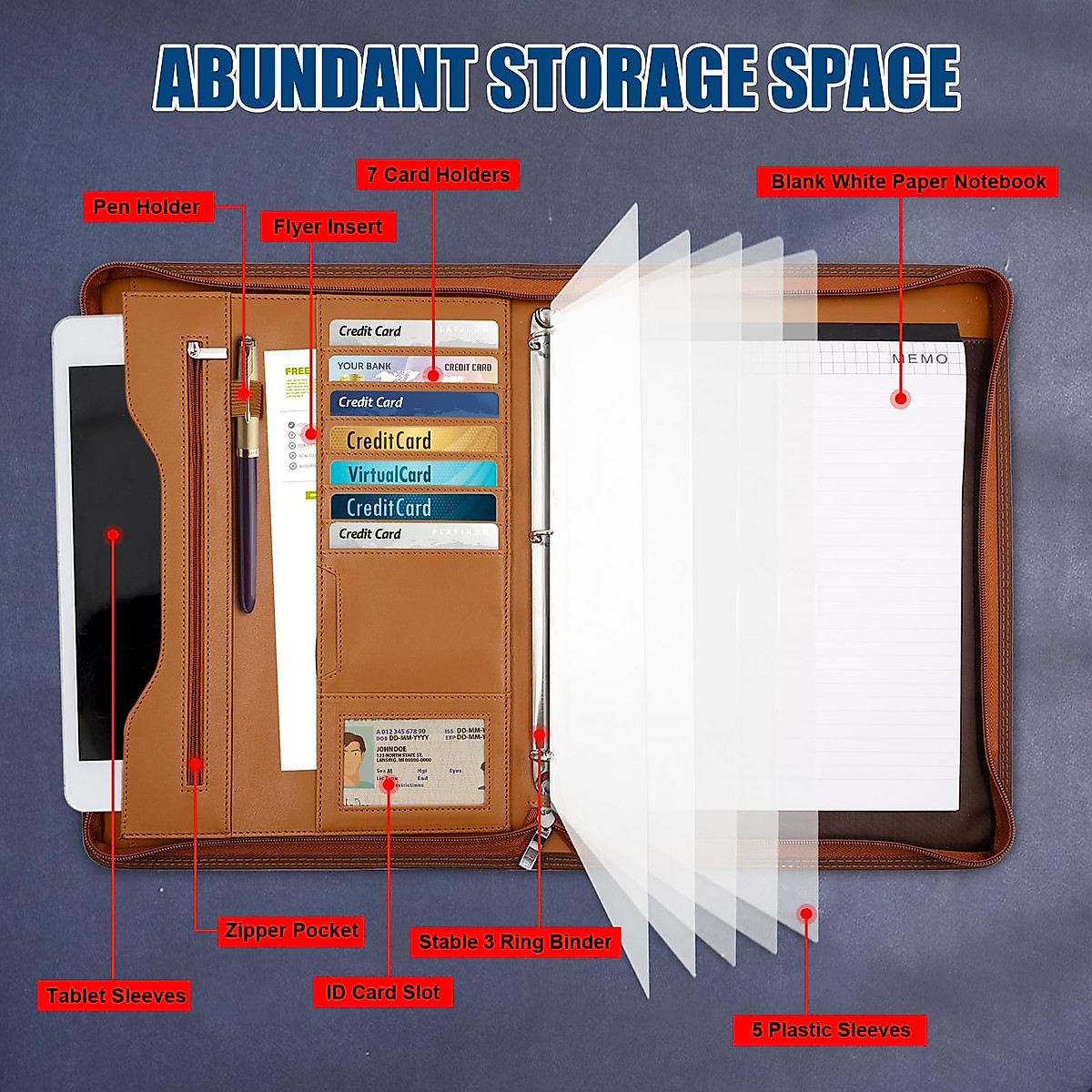 Linaxbong Padfolio Portfolio Business Binders—3 Ring Binders，Secure Zippered Closure，Resume padfolio Business Organizer—Pu Leather Padfolio Portfolio Binders for Men & Women (Brown)