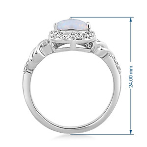 Jewelili Sterling Silver 7 MM Heart Cut Created Opal and Round Created White Sapphire Heart Promise Ring, Size 8