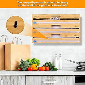 Bamboo Foil and Wrap Dispenser with Slide Cutter, 3 in 1 Plastic Wrap, Aluminum Foil and Wax Paper Organizer Holder Bamboo Tin Foil Roll Dispenser for Kitchen Drawer Compatible with 12 Inches Roll