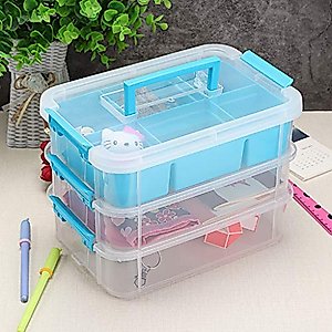 JUXYES 3-Tiers Stack Carry Storage Box With Divided Tray, Transparent Stackable Storage Bin With Handle Lid Latching Storage Container for School & Office Supplies (Blue)