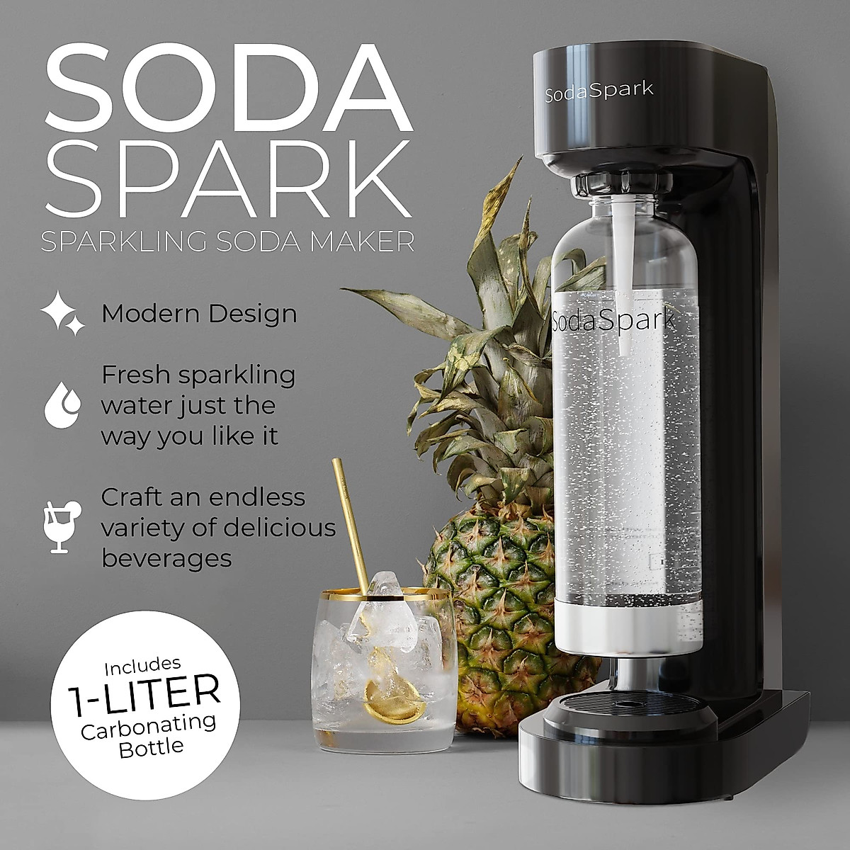 Soda Maker with BPA Free Bottle - CO2 Powered One Touch Fizz Control - Fresh Sparkling Water Maker - Homemade Sparkle Seltzer Streaming Machine, Carbonated Water Machine for Home [C02 NOT INCLUDED]