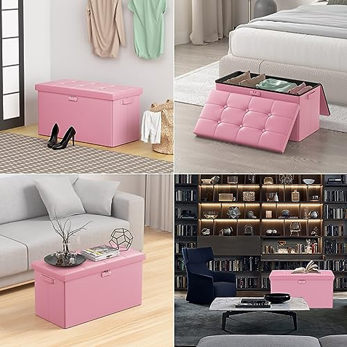 ENGPOW Storage Ottoman Bench,Fireproof Folding Storage Bench with Lock,30 Inches Fire＆Water Resistant Storage Chest Foot Rest Stool Leather Bedroom Bench with Storage Safe for Document,Valuables,Pink