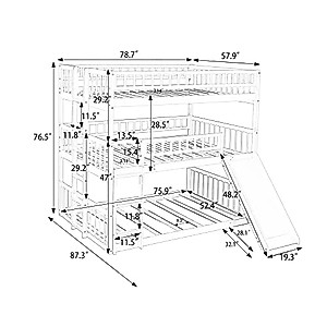 BOVZA Triple Bunk Bed with Slide, Full Over Full Over Full Wood Floor Bunk Bed with Built-in Ladder and Guardrails, 3 Bunk Beds for Kids Teens Adults, Gray