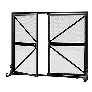 Fire Beauty Fireplace Screen with Doors, 2-Pannel Handcrafted Solid Wrought Iron Decorative Mesh,Baby Safe Proof Firewood Burning Stove Accessories(Black)