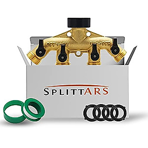 Splittars​ 4 Way Garden Hose Splitter 100% Solid Brass Outdoor Faucet Spigot Splitter, Water Hose Splitter, Hose Manifold, 4 outlets, independent on/off valves, 4 rubber washers, 3/4” Hose Connector