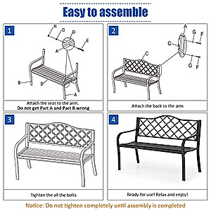 Tangkula Outdoor Steel Garden Bench, Patio Park Bench w/Iron Casted Seat, Armrest & Backrest, Outdoor Welcome Bench Chair Furniture Suitable for Garden Patio Yard