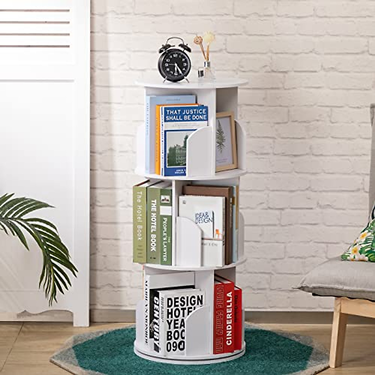 DOEWORKS 3 Tier 360 Rotation Display Bookcase, Rotating Stackable Bookshelf Organizer Storage Display Rack for Home Office, White