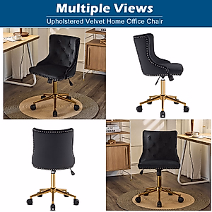 VINGLI Black Velvet Armless Home Office Desk Chair with Gold Base/Wheels, Small Cute Vanity/Makeup Chair with Back for Bedroom, Upholstered Adjustable Rolling Swivel Nail Chair for Women/Girls