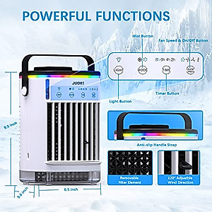 JUDRT Portable Air Conditioners, Mini Evaporative Air Cooler, 4 in 1 Upgraded Personal Desk Fan with 7 Colors Light, Powerful 4 Speeds & Cool Air Sprays Humidify AC for Room Office Table Home School