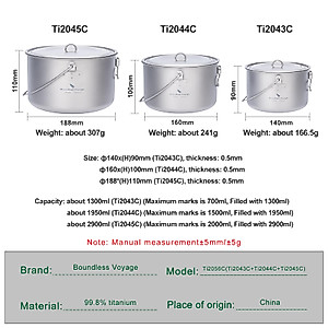 Boundless Voyage Titanium Hanging Pot for Outdoor Camping Backpacking Hiking Ultralight Portable Cooking Pot Camp Kitchen Cookware 1300ML/1950ML/2900ML (3 Pcs Set)