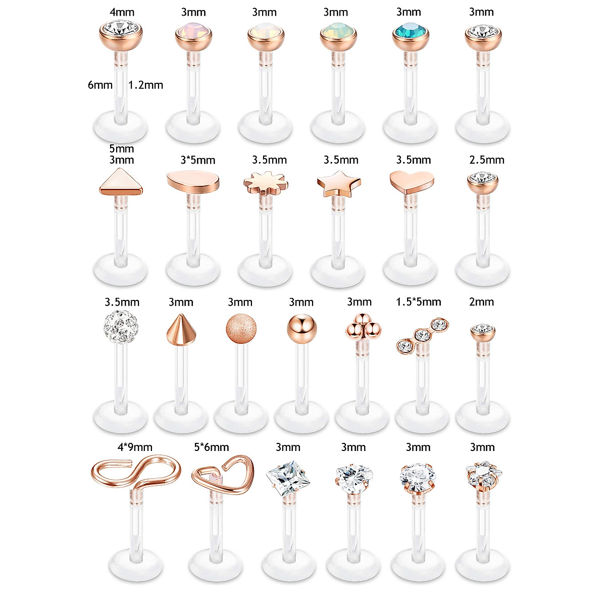 JOERICA 16G Tragus Forward Helix Cartilage Earrings Studs Clear Labret Studs Lip Rings Monroe Piercing Jewelry 6mm 1/4"