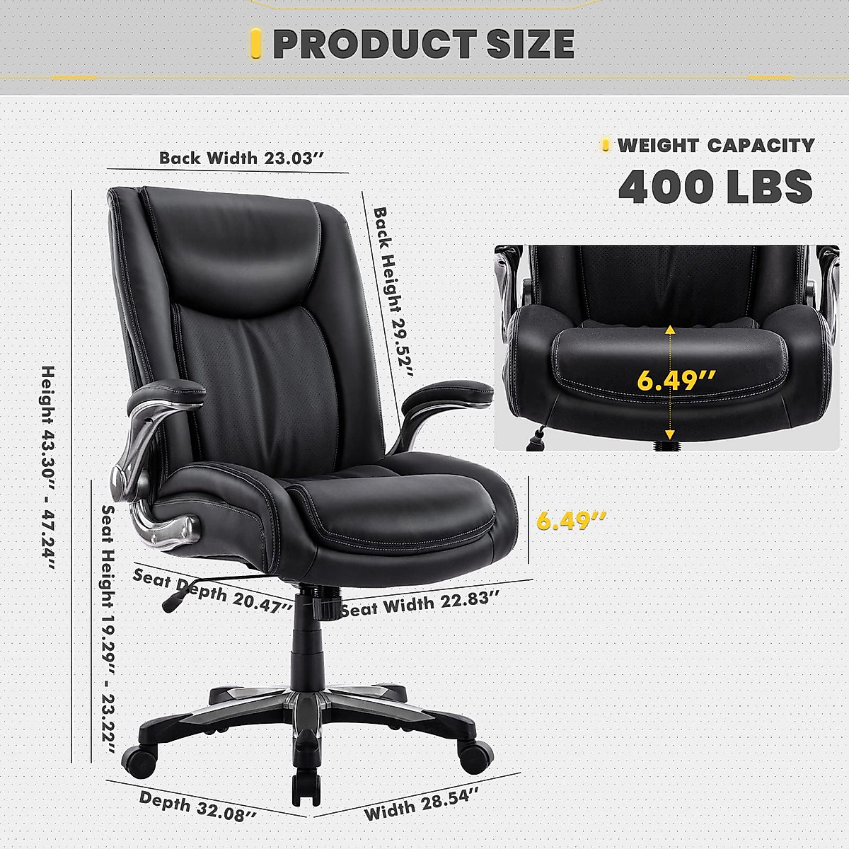 COLAMY Big and Tall Office Chair 400lbs, Large Heavy Duty High Back Executive Computer Office Desk Chair Flip-up Arms Wide Thick Seat for Home Office, Black