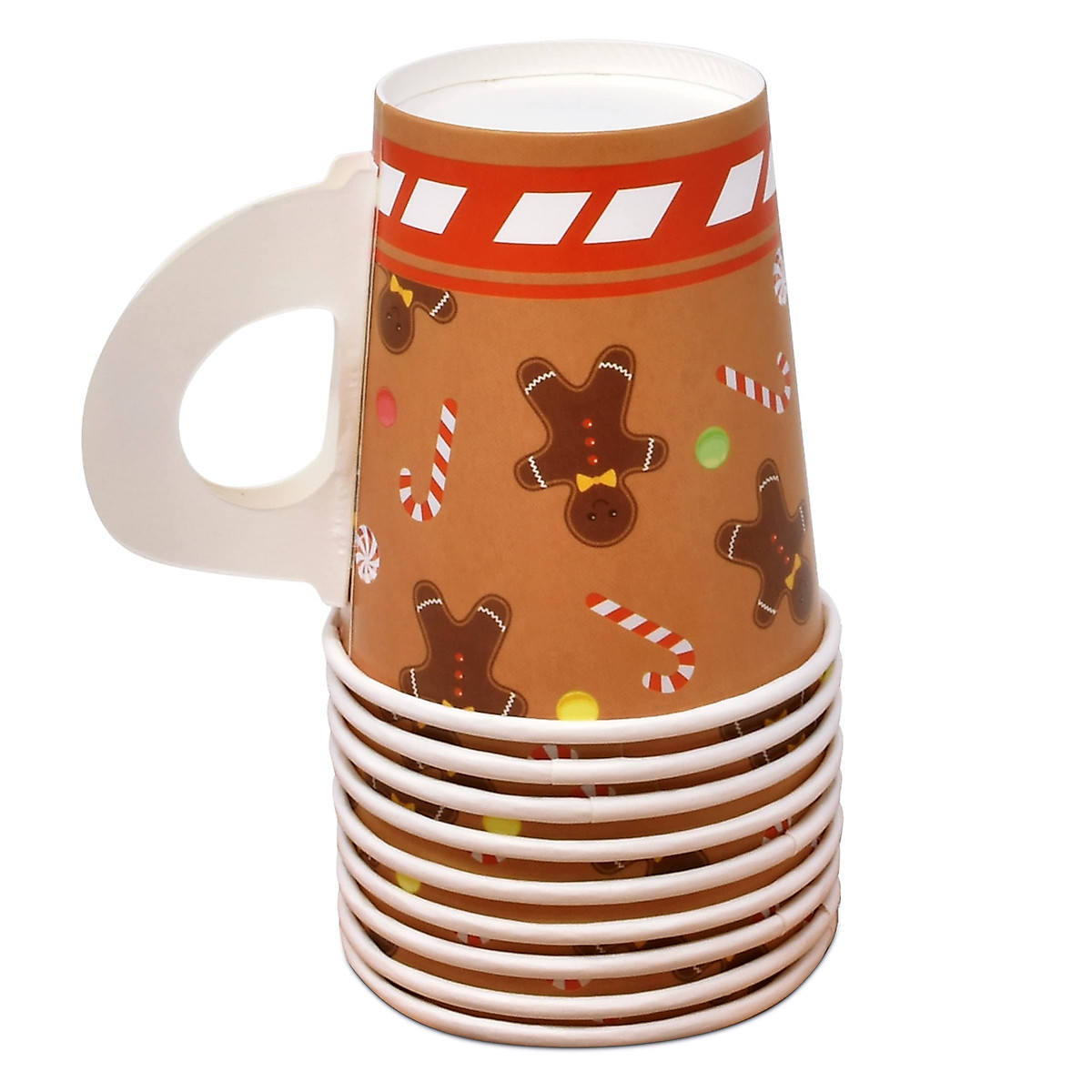 Gift Boutique 24 Disposable Christmas Gingerbread Party Cup 7 Oz 24 & 7" Paper Scallop Shaped Saucer Plates Set with Handle for Tea Hot Cocoa Chocolate Coffee Mugs Holiday Xmas Table Dinnerware Suppy