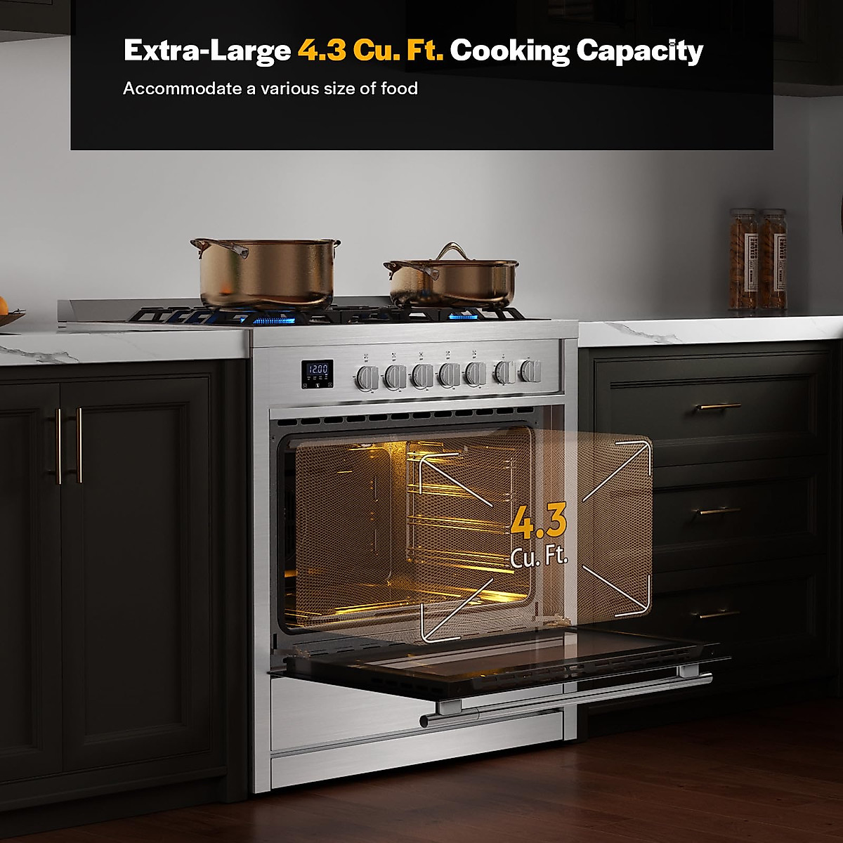 Empava Gas Range, 4.3 Cu. Ft Convection Oven with Touch Timer, 5 Deep Recessed Burners Cooktop, Heavy Duty Continuous Grates in Stainless Steel, Freestanding & Slide-in Stove,36 Inch