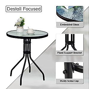 DIMAR GARDEN 24" Outdoor Side Table Patio Metal Round Bistro Coffee Table with Glass Top,Black