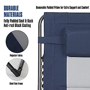 Coastrail Outdoor Zero Gravity Chair Oversized XXL 33.5" Width Patio Recliner Padded Reclining Folding Lounger with Pillow, Side Table for Camping, Lawn, Garden, 500lbs Capacity Blue/1pack