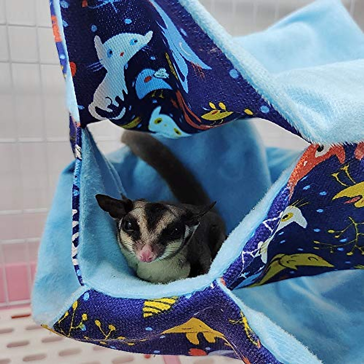 Small Animal Hanging Hammock Pet Swinging Bed 3 Tier Sleep Nap Sack Cage Accessories Kit Set Tunnel Ferret Rat Cave Sugar Glider Hideouts Warm Bedding for Squirrel Guinea Pig (Bluecat Pattern)