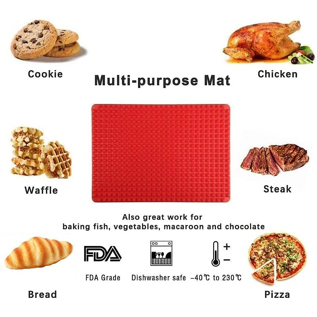 Silicone Pyramid Cooking Mat | Non- Stick Healthy Fat Sheet For Oven Grilling BBQ | 15.35 x 10.83 inches | Baking Mat | Cooking Pan | Baking Sheet | Pastry Cooking Mat | Red |