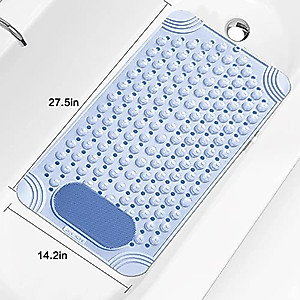 Bathtub Mat Non-Slip Rubber Shower with Drain Holes Suction Cups, Quick Easy Cleaning, Feet Massage, Bath for Tub & Stall Bathroom, Machine Washable (27.5×14.2in, Blue)
