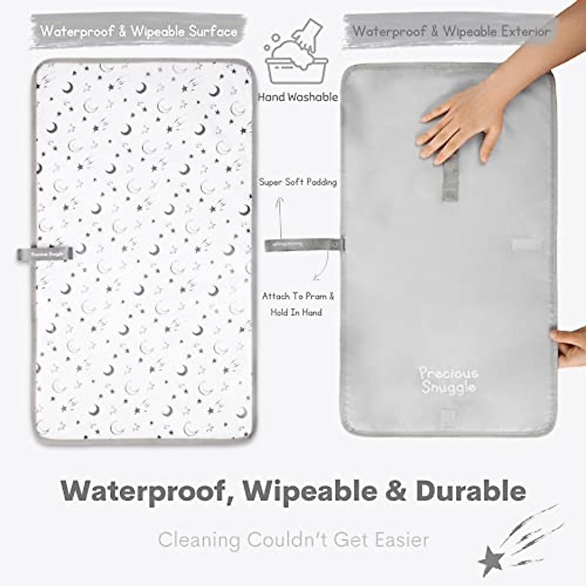 Precious Snuggle Portable Diaper Changing Pad | Waterproof Foldable Baby Changing Mat - Unisex Lightweight Changing Pad - Large Surface - Small & Compact | Double Wipeable Sides (Shooting Stars)