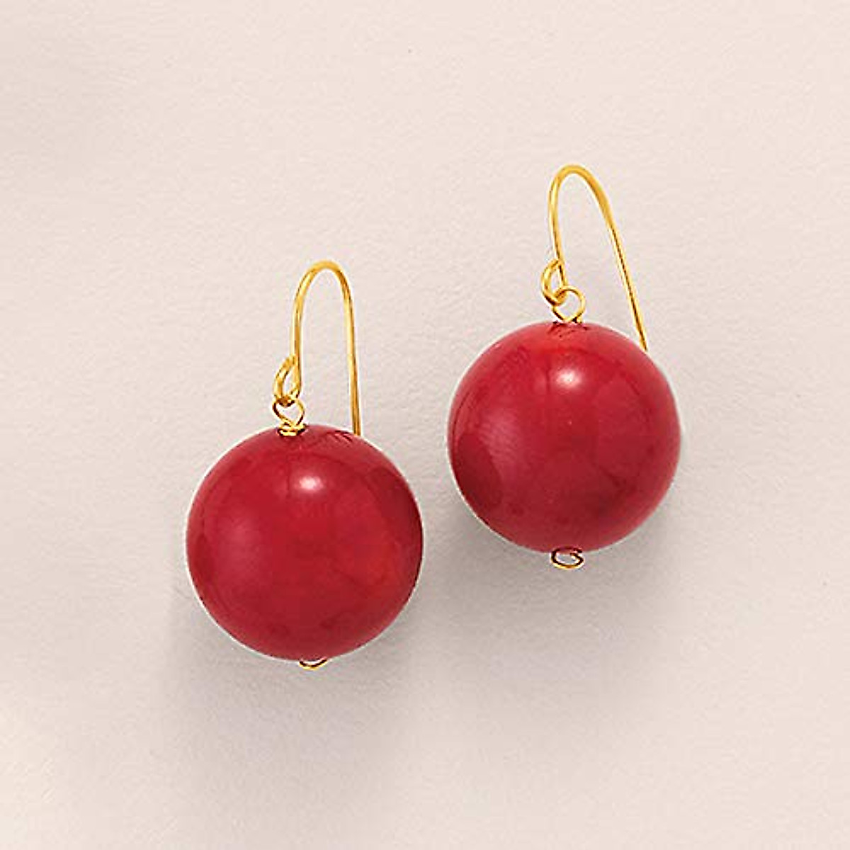 Ross-Simons 12mm Red Coral Bead Drop Earrings in 14kt Yellow Gold