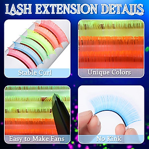 Halloween Neon Color Eyelash Extensions Halloween Party Makeup Eyelashes UV Curl Mix Colored Lash Extension Glow in The Dark Lash Extensions, Mix Color (Multicolored,15-20 mm)