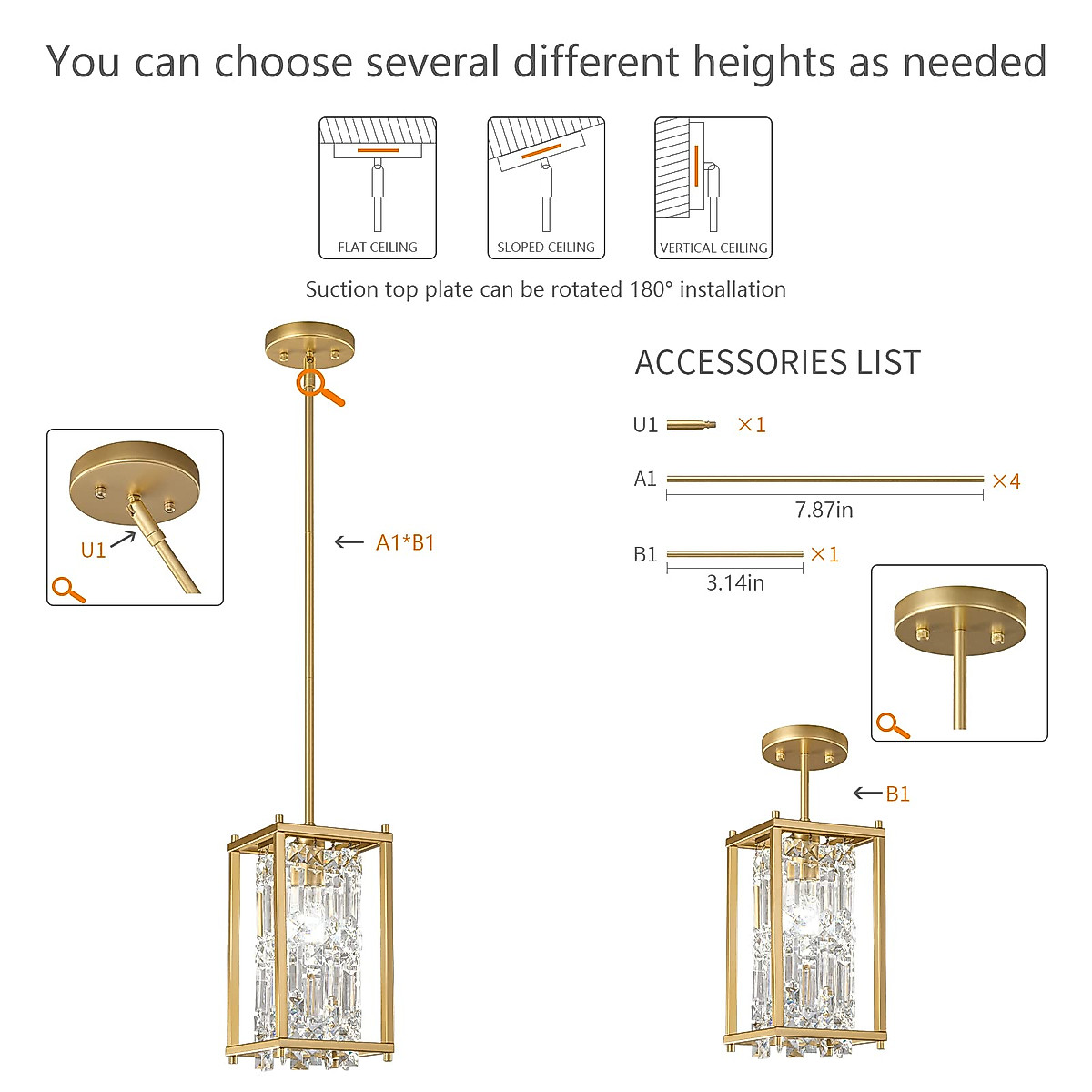 LMQNINE Dining Room Light Fixture Semi Flush Mount Ceiling Light, Industrial Farmhouse Chandelier Gold Metal Crystal Pendant Light for Hallway Balcony Kitchen Island (Square 1-Light)