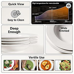 Artena Pasta Bowls 20oz, Large Salad Serving Bowls, 10 inch White Soup Bowls, Porcelain Pasta Bowls Set of 4 & Pasta Bowls Set Of 4, 24oz Porcelain Salad Bowls, 8 Inch Bowls For Kitchen