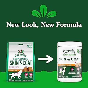Greenies Supplements Dog Skin and Coat Supplements with Fish Oil & Omega 3 Fatty Acids, Chicken Flavor, 80 Count Soft Chews, 14.7 oz.