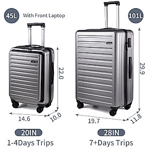 TydeCkare 2 Piece 20/28" Luggage Sets, Only 20 Inch with Front Laptop Pocket, Lightweight ABS+PC Suitcase Hardshell Carry Ons with TSA Lock & Spinner Silent Wheels, Convenient for Trips, Gray