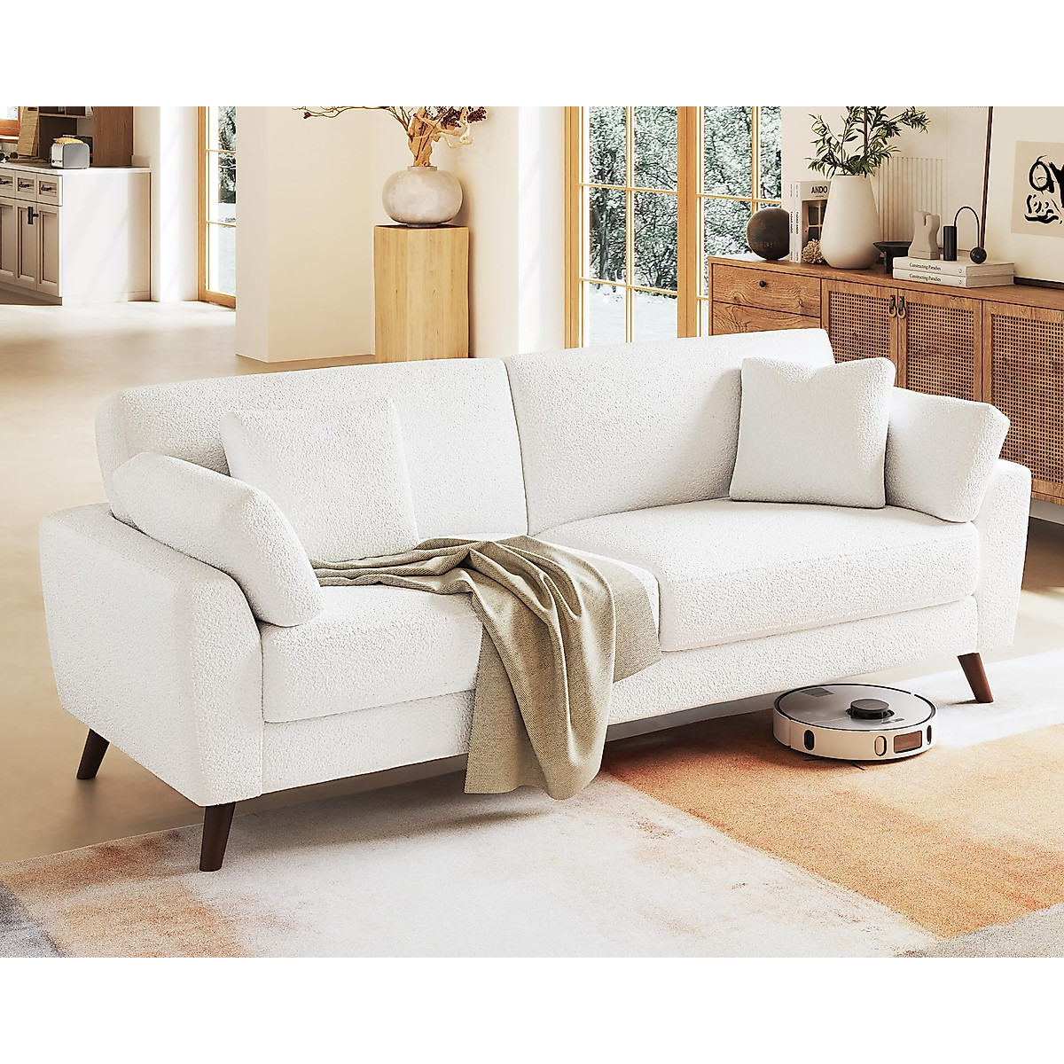 AMERLIFE Sofa, 86 Inch Modern Couch with 4 Throw Pillows, 3 Seater Couch for Living Room, Offwhite Boucle Upholstered Sofa