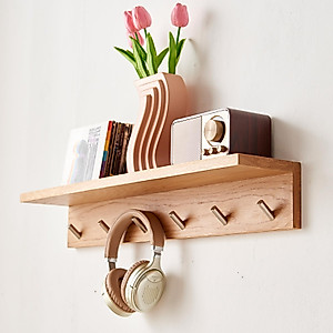 Oak Wood Wall Shelf with Hooks, Entryway Shelf Coat Rack with 6 Hooks, Floating Shelves with Hooks Coat Hooks Wall Mounted with Shelf for Bathroom, Living Room, Bedroom (27.5 inch)