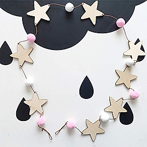 wsloftyGYd Nordic Household Wooden Star Fluffy Ball Hanging Ornament Kids Girl Room Decor Rose Red+White