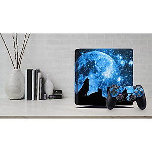 ZOOMHITSKINS PS4 Slim Skin, Compatible for Playstation 4 Slim, Black Wolf Pack Sky Moon Blue Devour Star, 1 PS4 Slim Console Skin 2 PS4 Slim Controller Skin, Durable & Fit, 3M Vinyl, Made in The USA