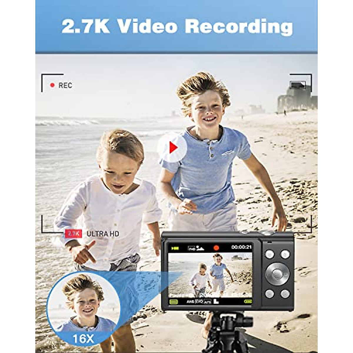 Digital Camera Auto Focus 2.7K 48MP Digital Point and Shoot Camera with 32GB Memory Card,16X Zoom, Time Lapse Vlogging Camera Digital Cameras for 8-15 Years Kids Teenagers Students Boys Girls