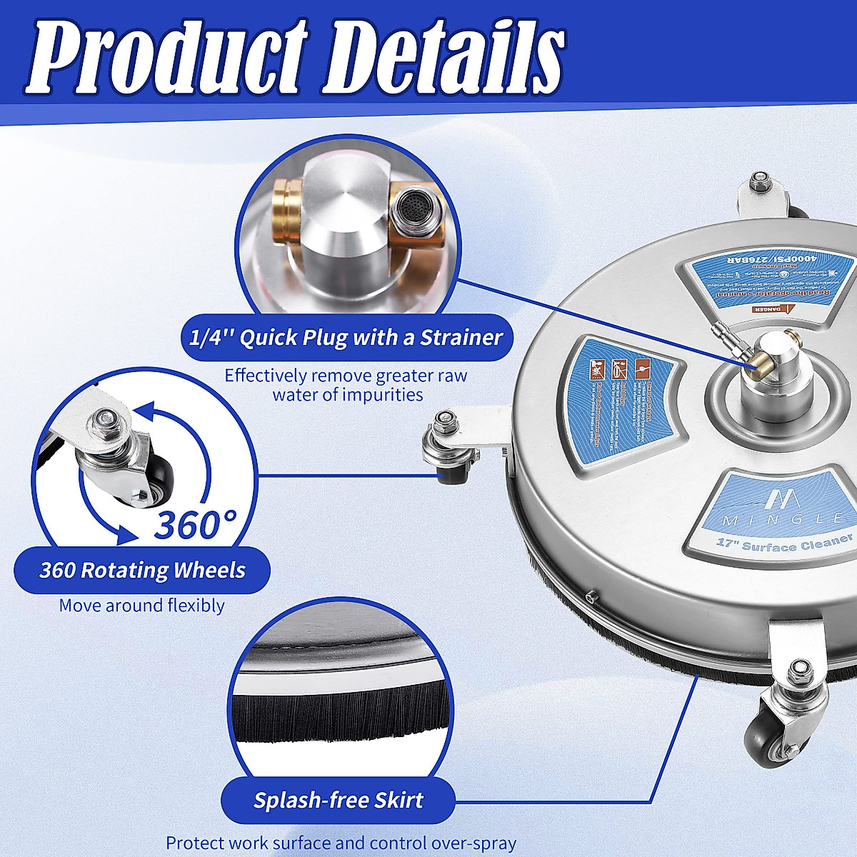 M MINGLE 17'' Pressure Washer Surface Cleaner, Pressure Washer Extension Wand with 5 Nozzle