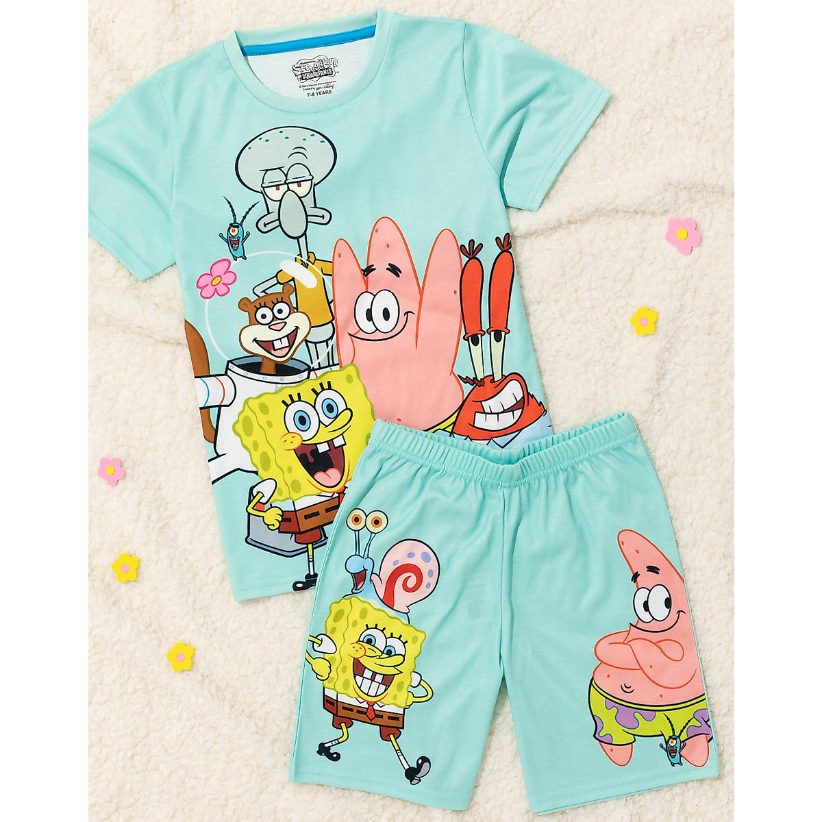 SpongeBob SquarePants Kids Pajama Set | Boys & Girls Blue Short Sleeve T-Shirt & Shorts | Squidward Patrick Mr Krabs Gary PJs