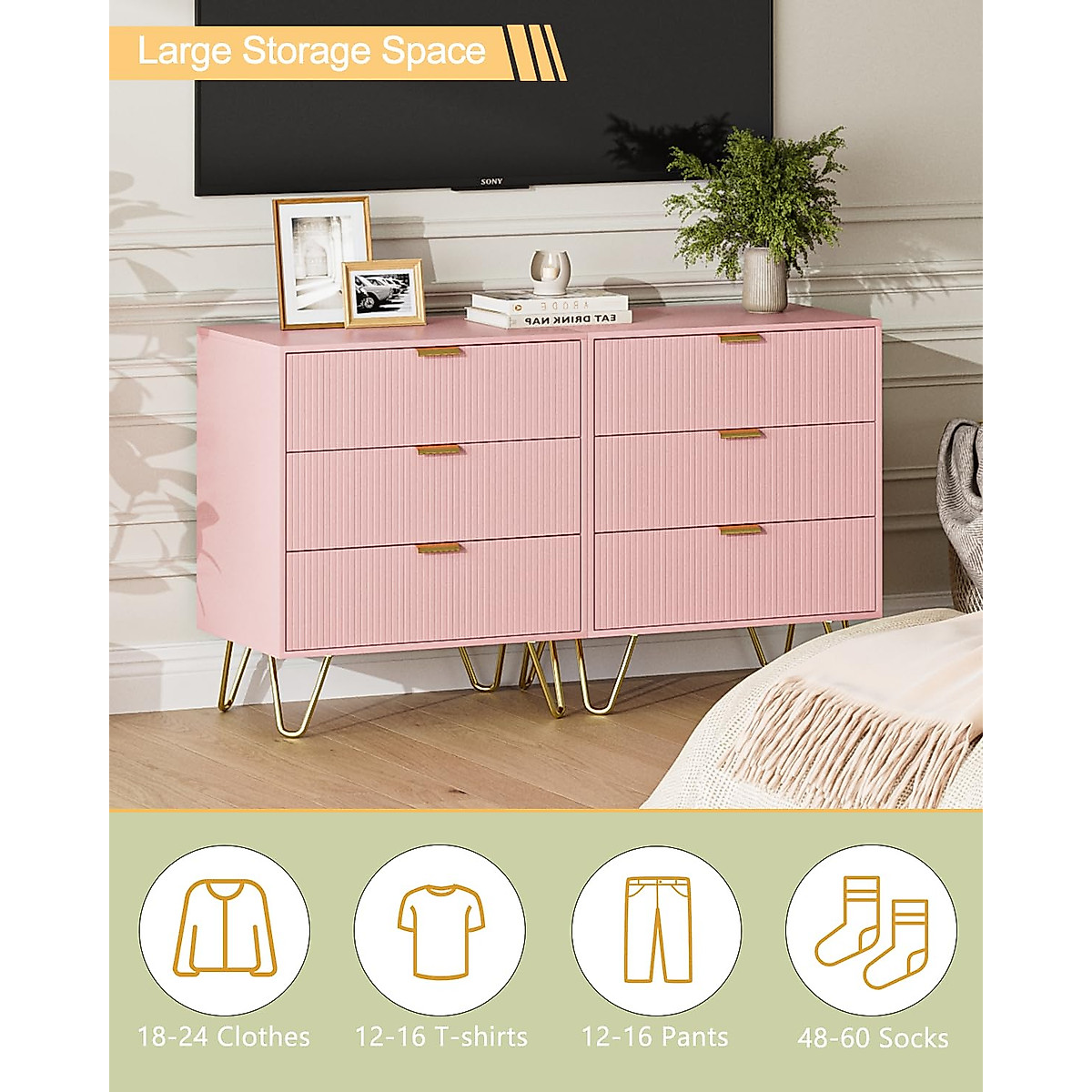 Aobafuir 3 Drawer Dresser for Bedroom, Modern Closet Dressers Chest of Drawers, Storage Dresser Chest Cabinet Organizer Unit, Small Fluted Dresser for Bedroom (Pink Stripe)