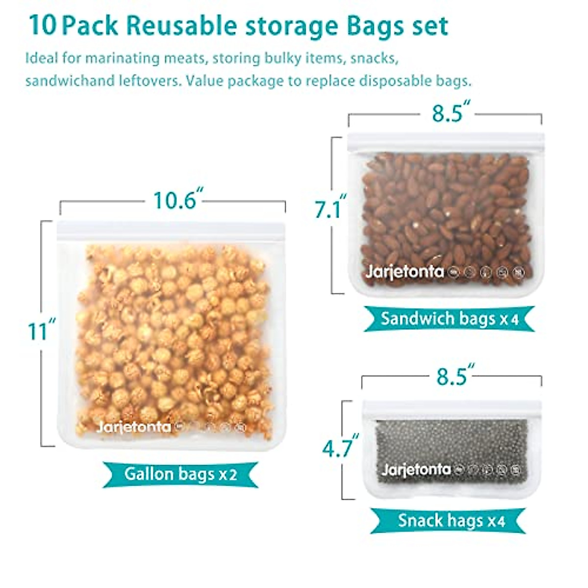 Reusable Storage Bags,10 Pack Reusable Food Container Bags Sets BPA Free Freezer Bags,2 Food Storage Gallon Bags,4 Leakproof Sandwich Bags and 4 Kids Snack Bags,Resealable Silicone for Meat Fruit