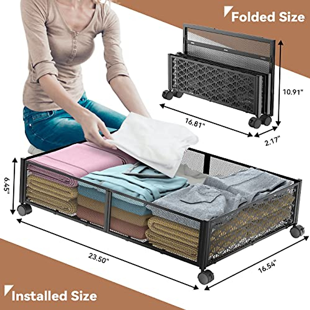 innotic Under Bed Storage with Wheels, Tool-free Under Bed Shoe Storage Containers Drawer, Metal Closet Organizer Storage Containers for Clothing, Shoes, Blanket, Toys-L Size (23.5"x16.5"x6.45")
