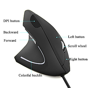 FLY WAY Left Handed Mouse,Ergonomic Vertical USB Wired Mouse 800/1200/1600 DPI Optical 6 Buttons Gaming Mice for PC Laptop Computer Desktop Mac (Left Hand)