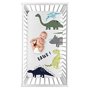 Sweet Jojo Designs Mod Dino Boy Fitted Crib Sheet Baby or Toddler Bed Nursery Photo Op - Blue, Green and Grey Rawr Modern Dinosaur