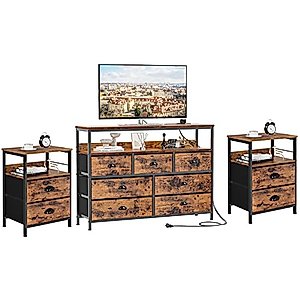 Dresser TV Stand with Power Outlets, Console Sofa Table with 7 Fabric Drawers and Shelves, Nightstand Set 2 with 2 Fabric Drawers, End Table with Open Wood Shelf, Side Table for Bedroom, Living Room