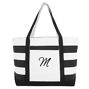 DALIX Striped Beach Bag Tote Bags Satchel Personalized Black Ballent Letter M